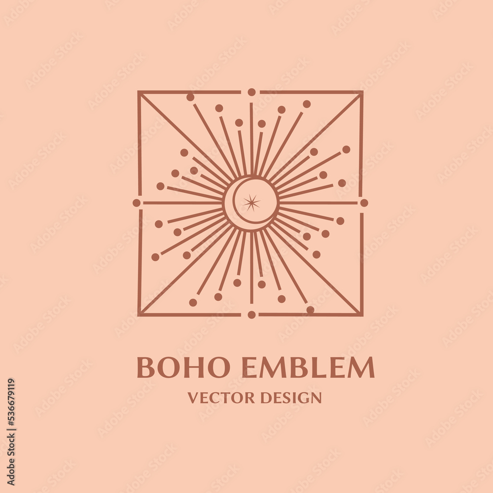 Vector linear boho emblems.Bohemian logos design with cloudy sky ...