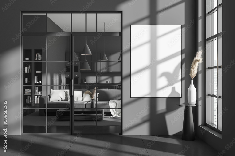 Front view on dark studio room interior with empty poster Stock ...