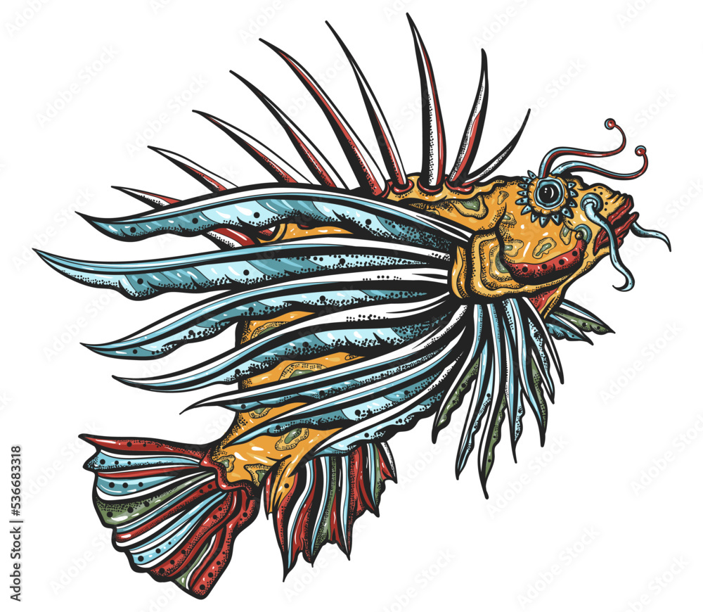 Lion fish. Underwater tropical animals. Old school tattoo vector art ...