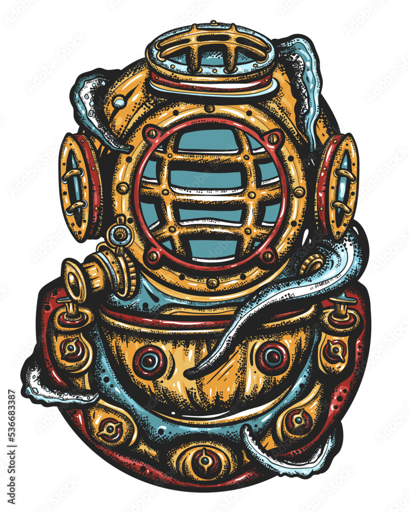 Scuba diver helmet and octopus tentacles. Old school tattoo vector art ...