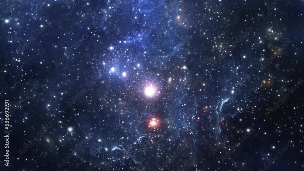 Cosmic nebulae and star clusters move slowly. Journey to blue distant ...
