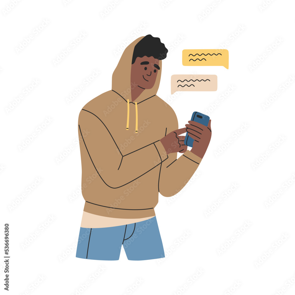 Young man with smartphone chatting online, send text massages. Virtual ...