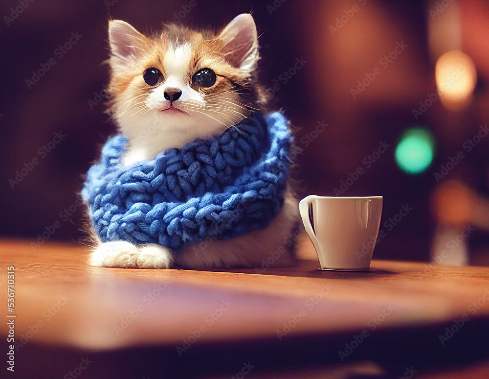 ภาพประกอบสต็อก Cold Cat with Scarf Drink Coffee Cute Animal Character ...