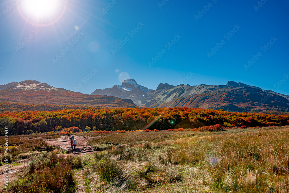 Hiking trail to the Esmeralda lake through magical colorful austral ...