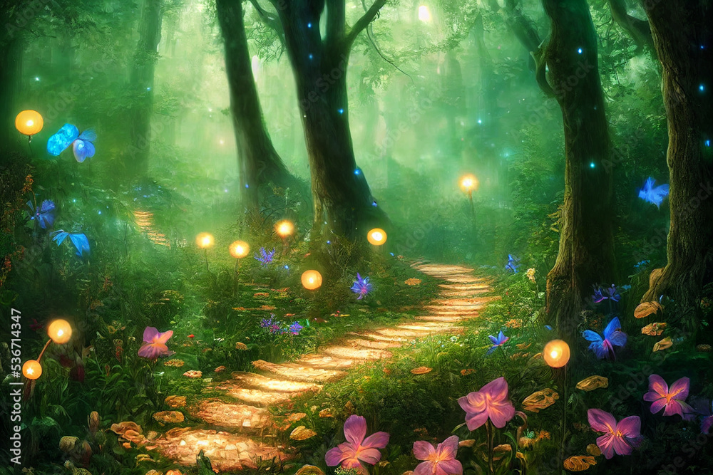 pathway to magical forest surreal fantasy landscape 3d illustration ...