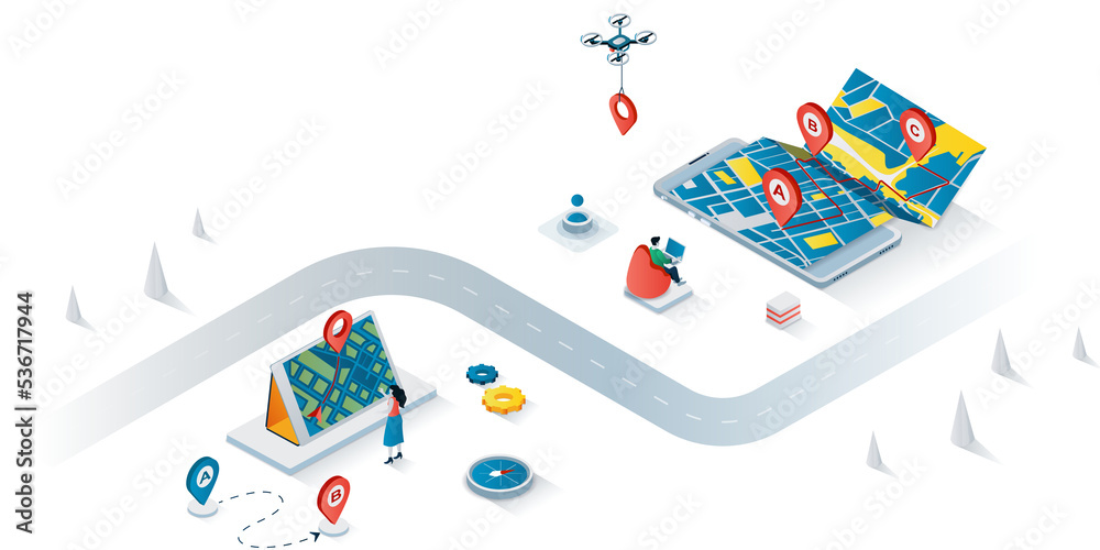 GPS navigation concept 3d isometric web banner. People use online maps ...