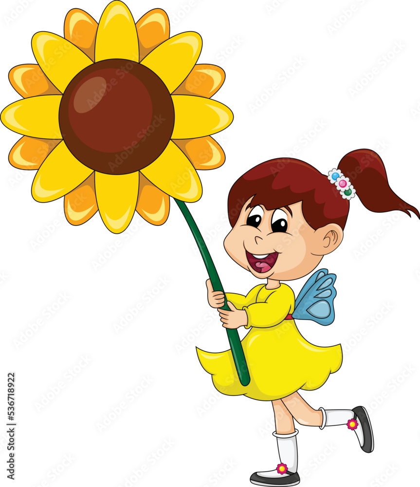 The girl in the yellow dress brings sunflowers cartoon vector ...