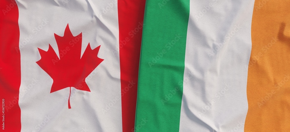 Flags of Canada and Ireland. Linen flag close-up. Flag made of canvas ...