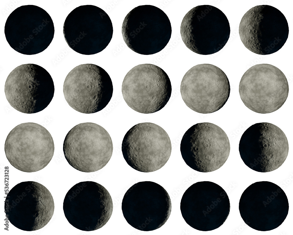 Procedural generated artificial moon phases rendered in 3d. Tile set ...