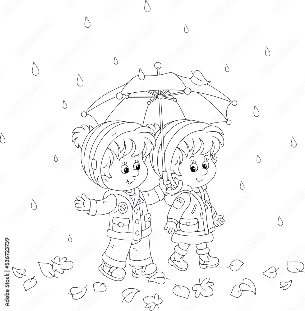 Little boy and girl hiding from the rain under their toy umbrella while ...