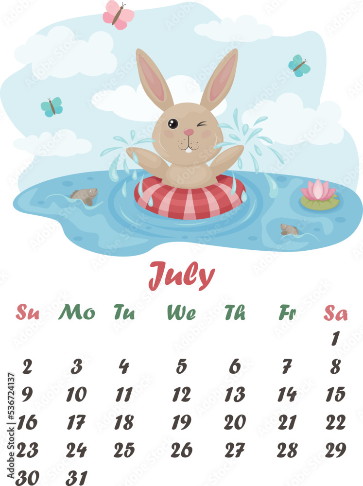 July is a cute, happy, cartoon rabbit. Summer calendar. Vector ...