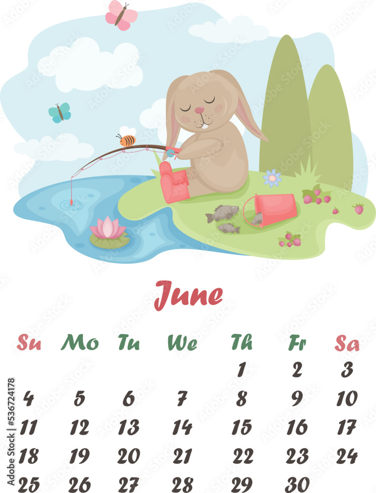 June. Calendar 2023. Cute rabbit on a fishing trip. The image of a ...