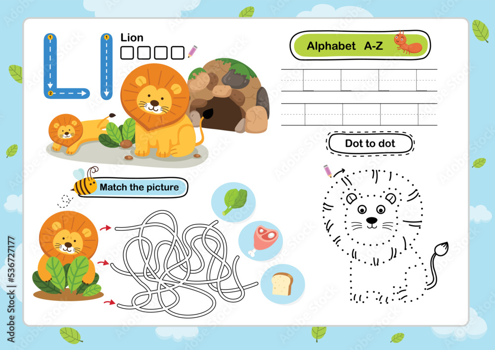 Alphabet Letter L-Lion exercise with cartoon vocabulary illustration ...