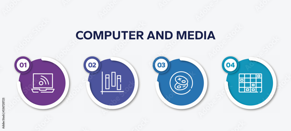 infographic element template with computer and media outline icons such ...