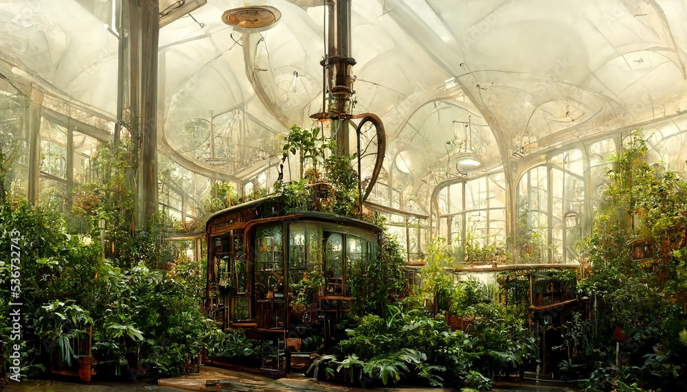 Victorian steampunk station style botanical garden design Stock ...