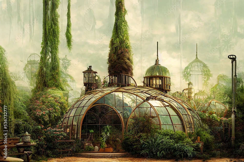 Retrofuturistic steampunk style botanical garden greenhouse design Stock Illustration | Adobe Stock