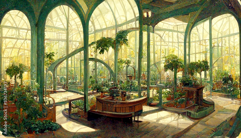 Victorian style botanical garden with glass roof and benches design ...