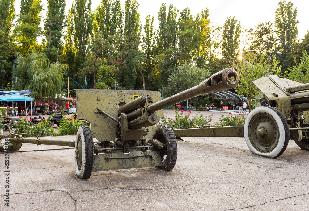 Soviet gun caliber 76.2 mm. during the Second World War on an open ...