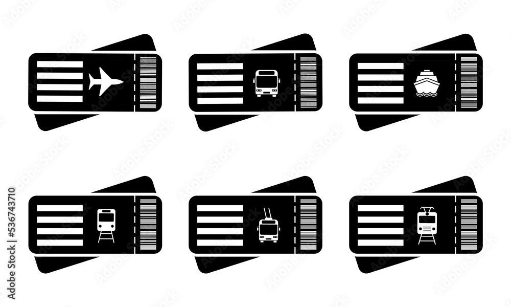 Poster Tickets icons for bus, train, airplane, ship, trolleybus, tram ...