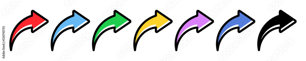 Set of colored arrow right on white background. Curved arrow with right ...