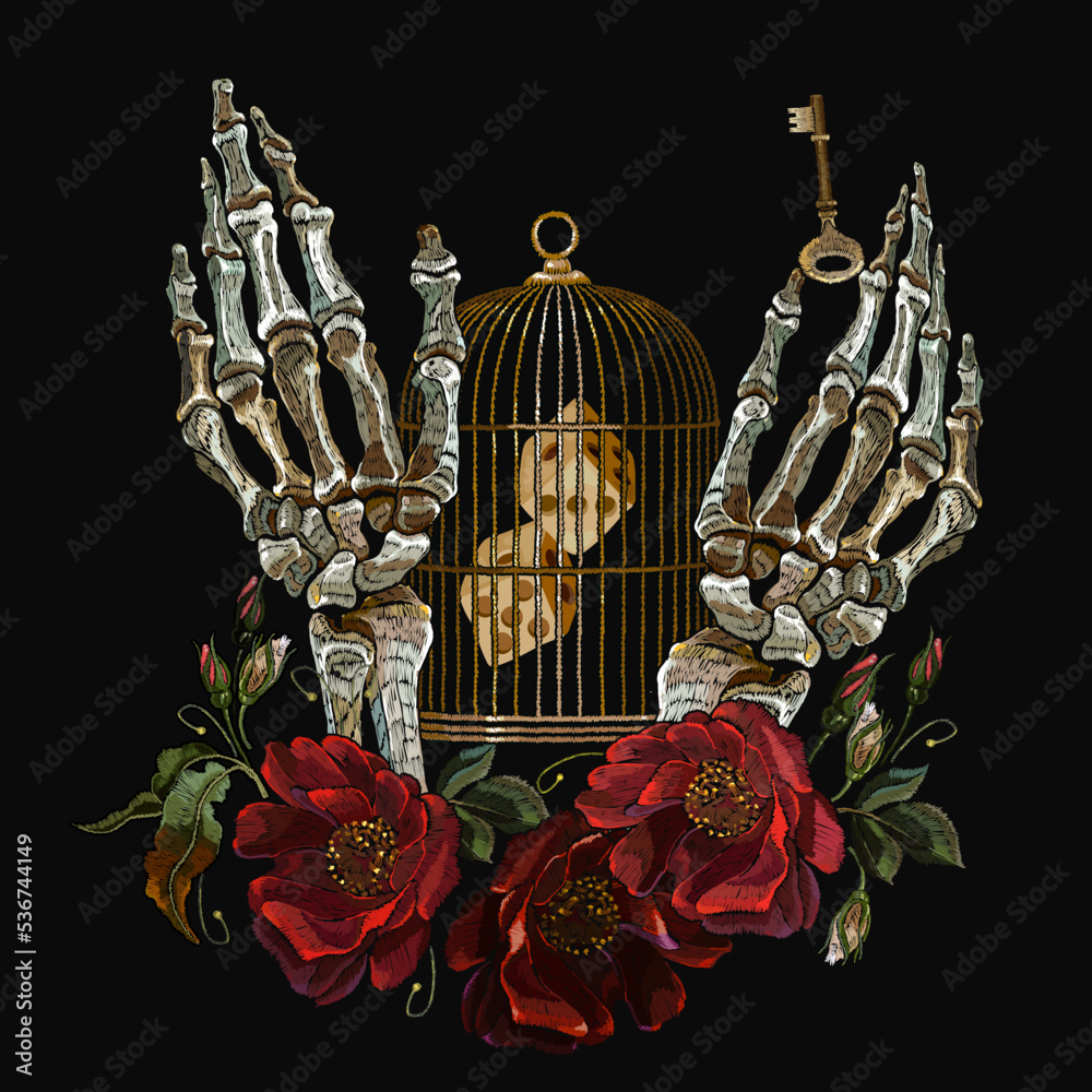 Gothic embroidery. Skeleton hands, golden key, dice and red roses ...