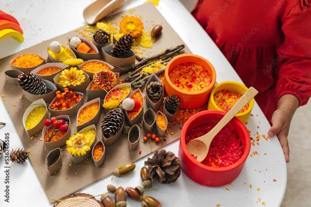 Autumn tree made with colored rice and natural materials. Season art ...