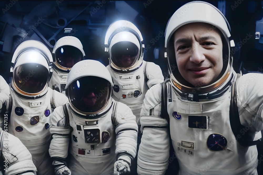 Group of international happy astronauts take a selfie In space rocket ...