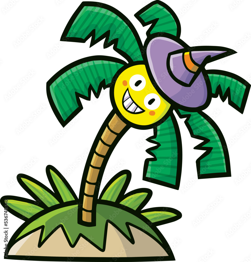 Cute palm tree cartoon character wearing purple witch hat Stock Vector ...