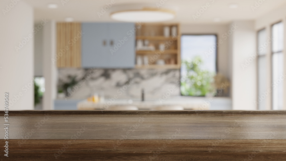 Wooden table top on blur kitchen room background,Modern kitchen room ...