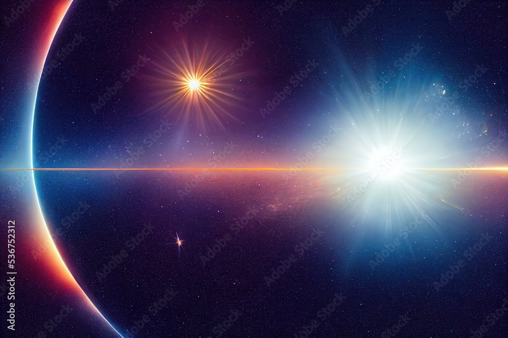 Sun with bright fiery circle, Earth and planets of the solar system in ...
