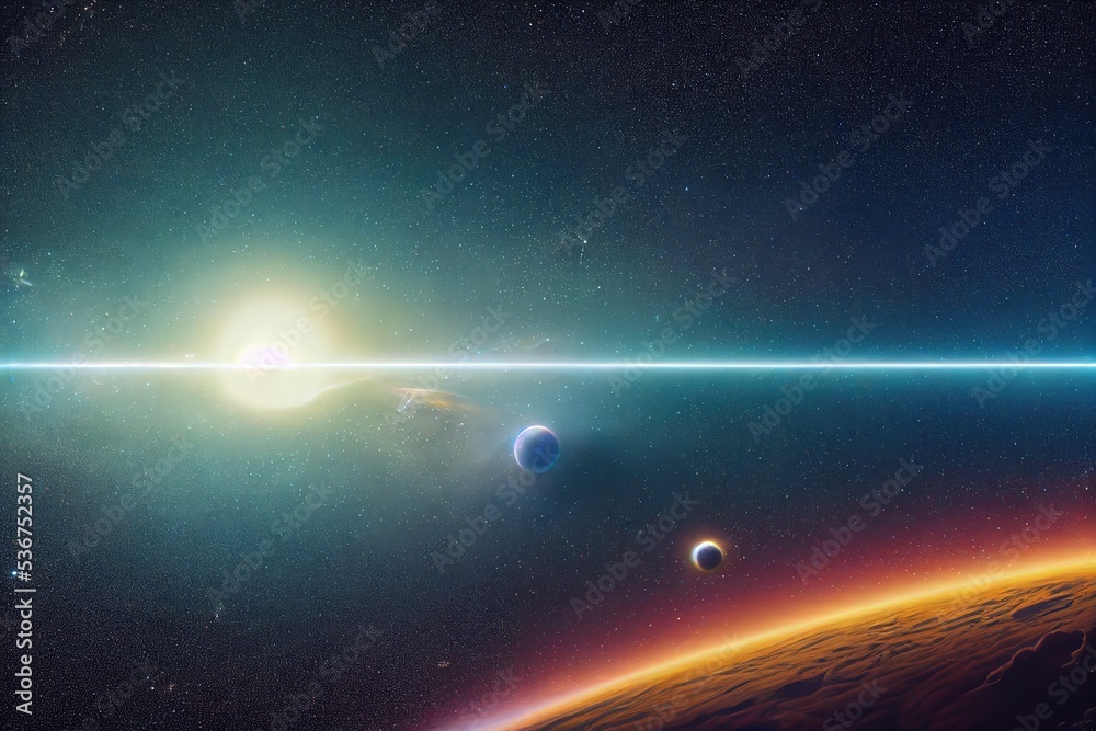 Sun with bright fiery circle, Earth and planets of the solar system in ...