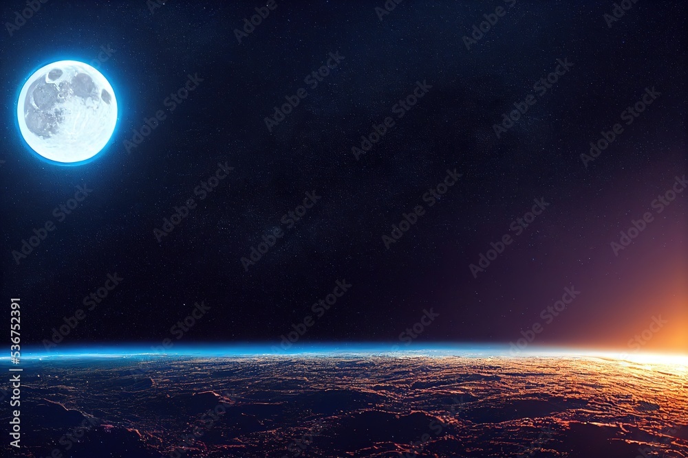 Planet earth against the background of a starry night sky and a full ...