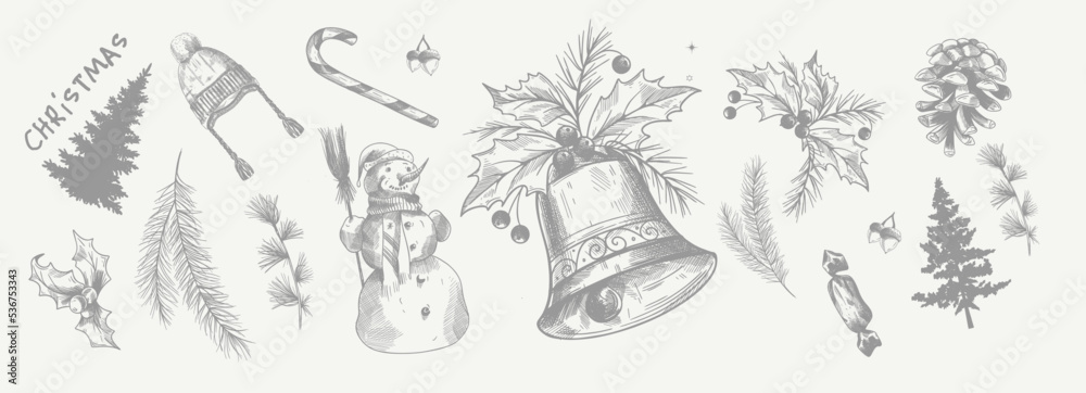 Christmas, winter, bell, snowman, winter objects.Set of vector ...