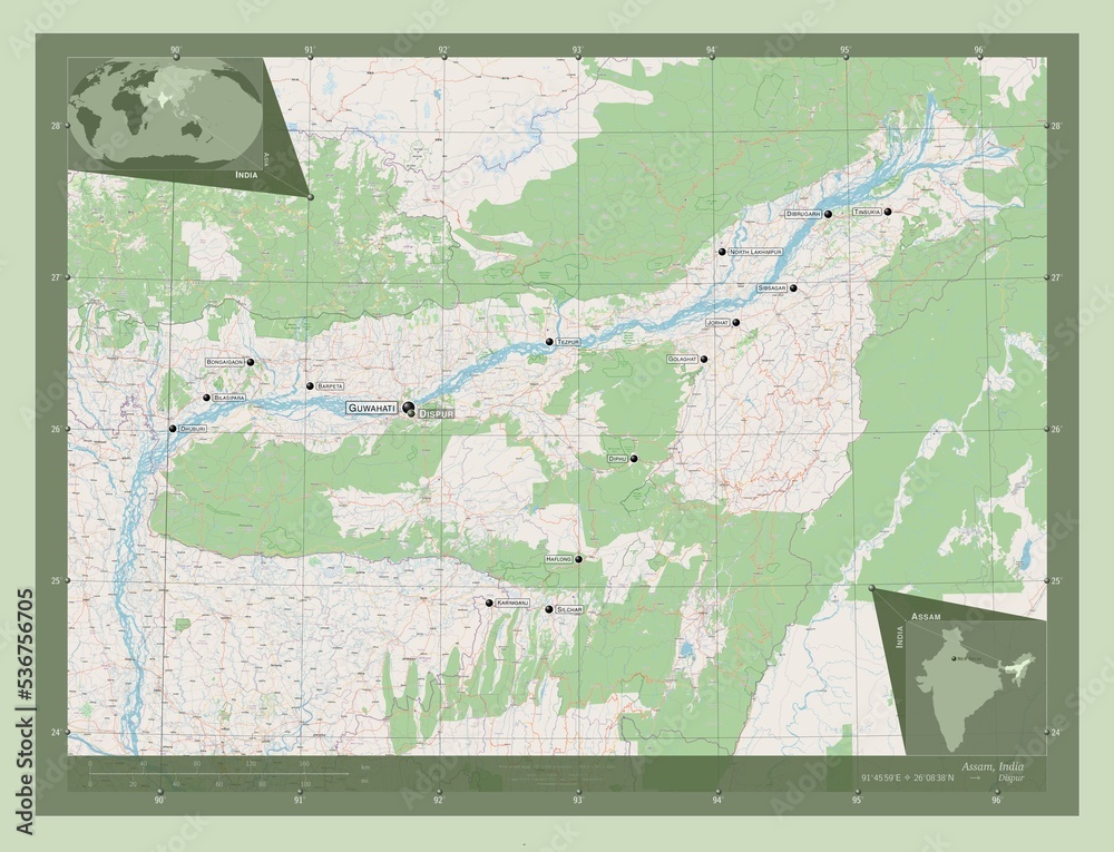 Assam, India. OSM. Labelled points of cities Stock Illustration | Adobe ...