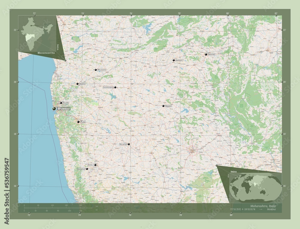 Maharashtra, India. OSM. Labelled points of cities Stock Illustration ...