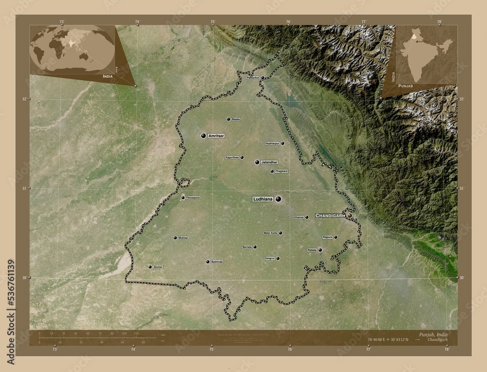 Punjab, India. Low-res satellite. Labelled points of cities Stock ...