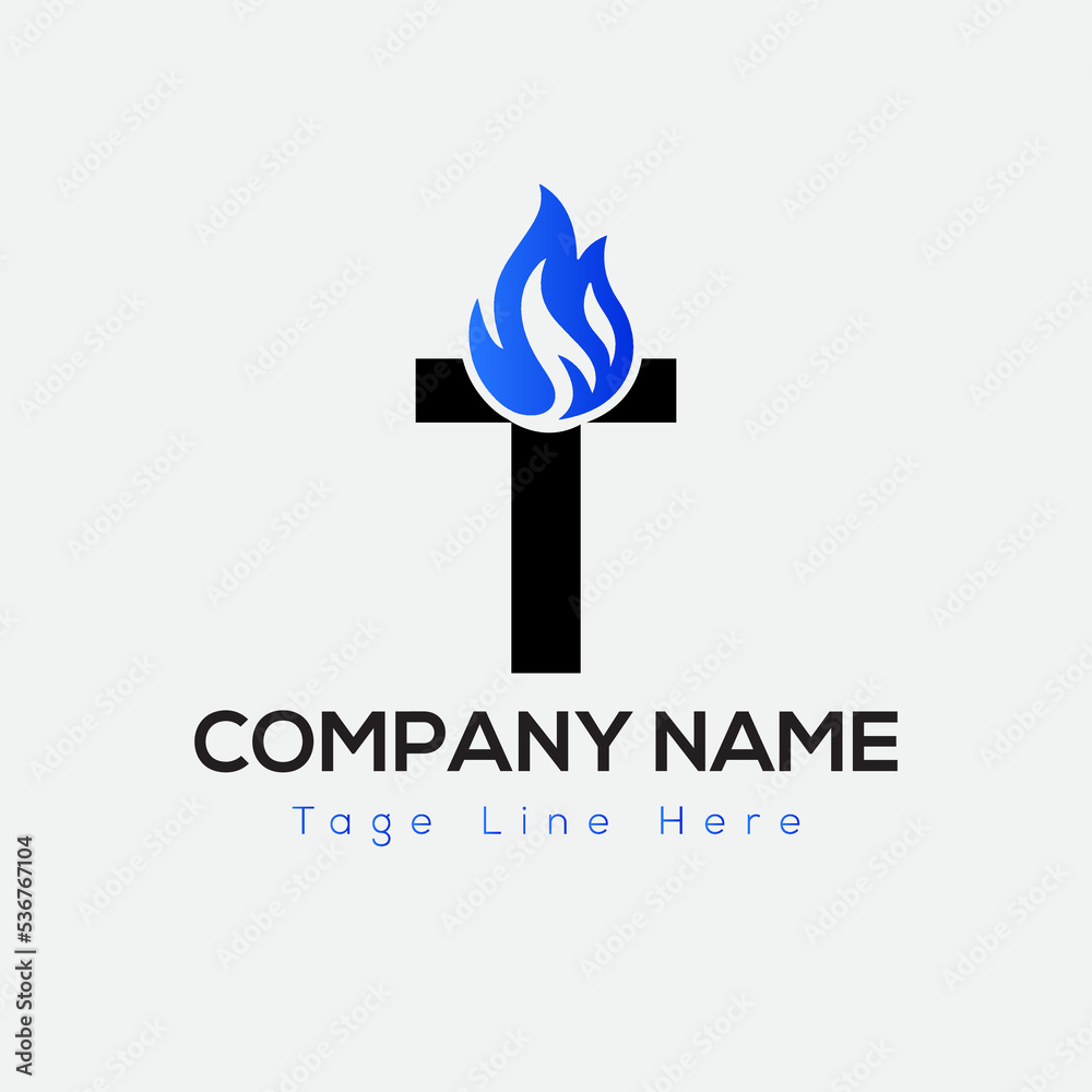Blue Fire Logo On Letter T Template. Blue Fire On T Letter, Initial ...