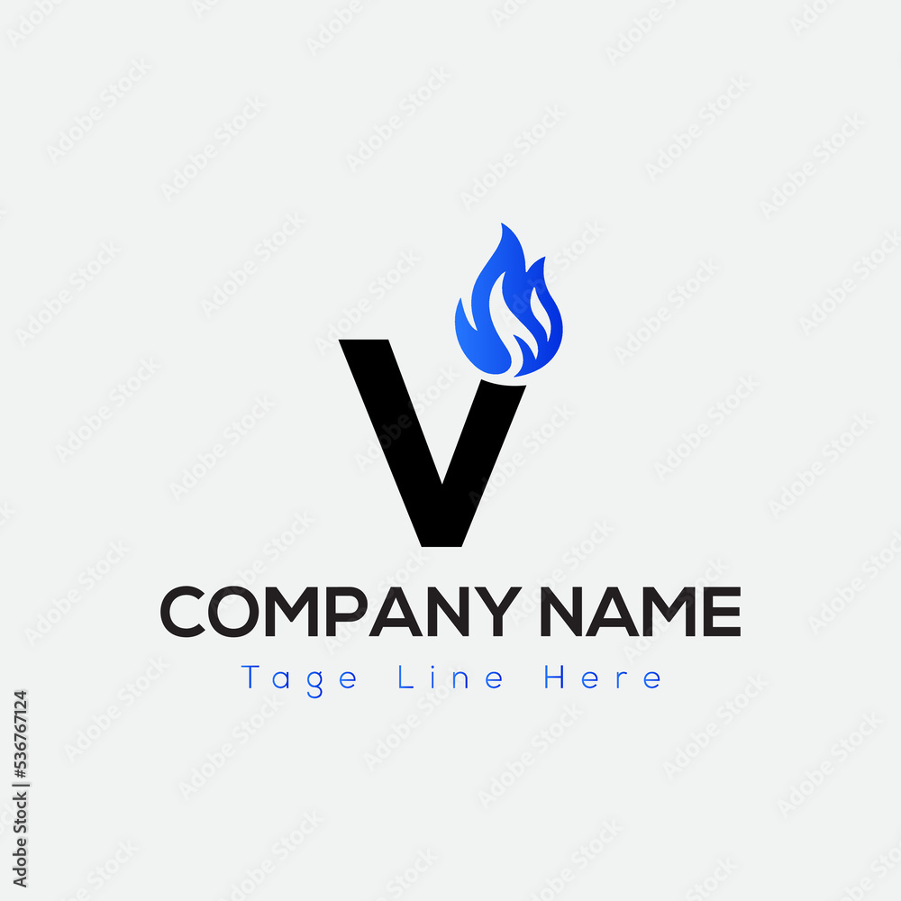 Blue Fire Logo On Letter V Template. Blue Fire On V Letter, Initial ...