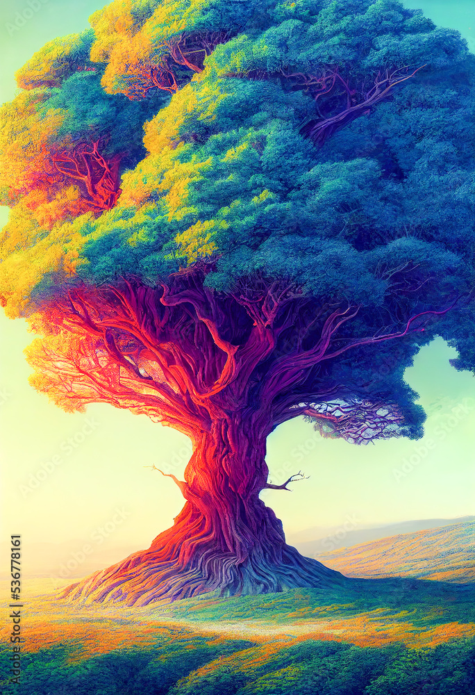 Surreal giant tree growing on a hill Stock Illustration | Adobe Stock