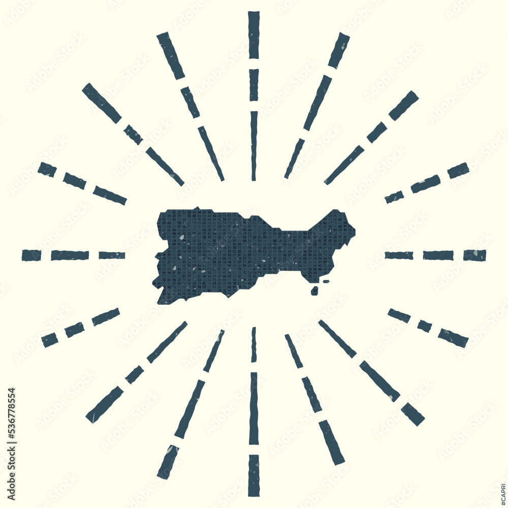 Capri Logo. Grunge sunburst poster with map of the island. Shape of ...