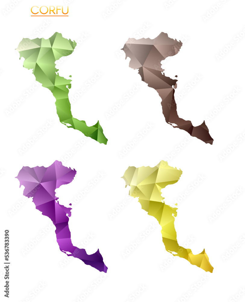 Vecteur Stock Set of vector polygonal maps of Corfu. Bright gradient ...