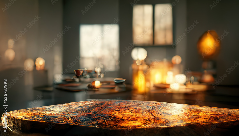 Wooden table with golden candle template blurred background. Stock ...