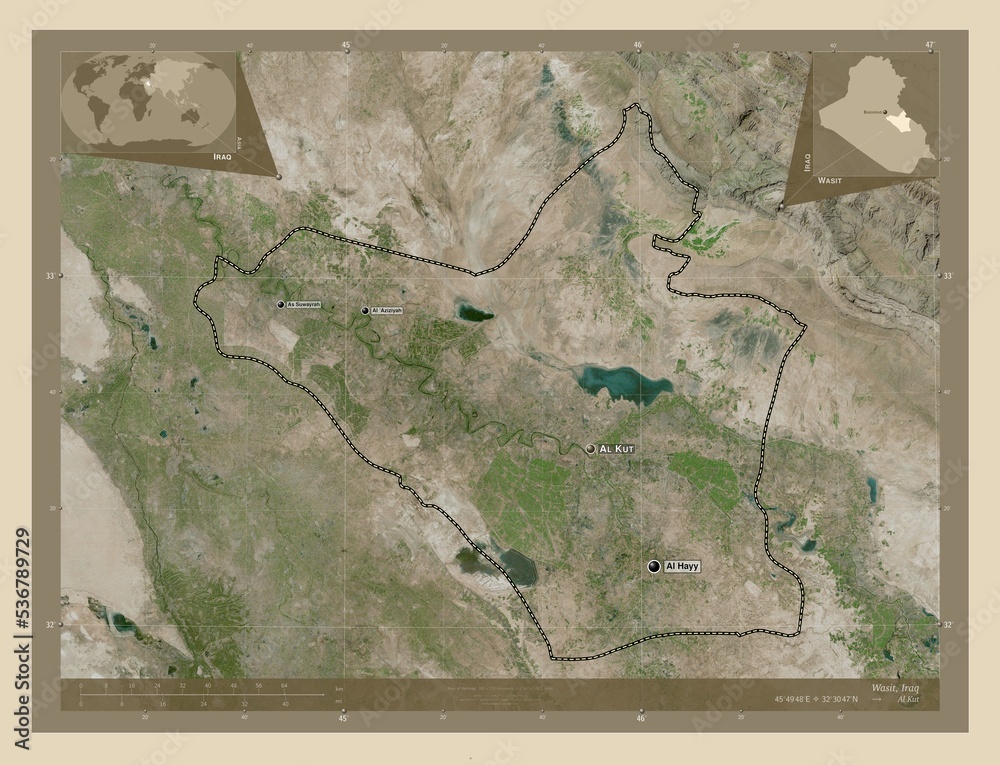 Wasit, Iraq. High-res satellite. Labelled points of cities Stock ...