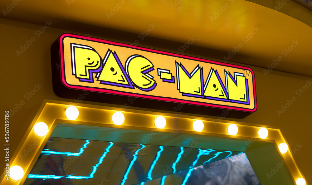 BEIJING, CHINA- OCT. 3, 2022: Pac-Man sign. Pac-Man is a Japanese video ...