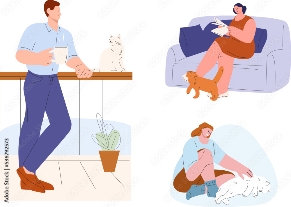 Cat therapy vector scenes. Man and woman with cats. Flat adult ...