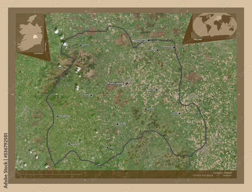 Laoighis, Ireland. Low-res satellite. Labelled points of cities Stock ...
