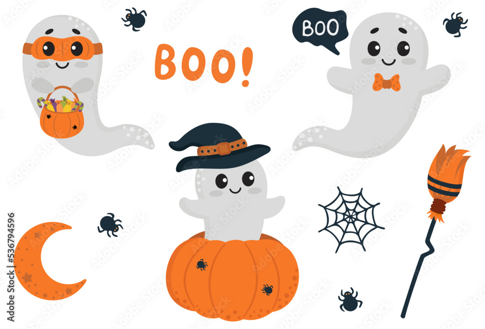 Cute ghost. Set of cute funny happy ghosts. Isolated flat cartoon vector illustrations of comic ...
