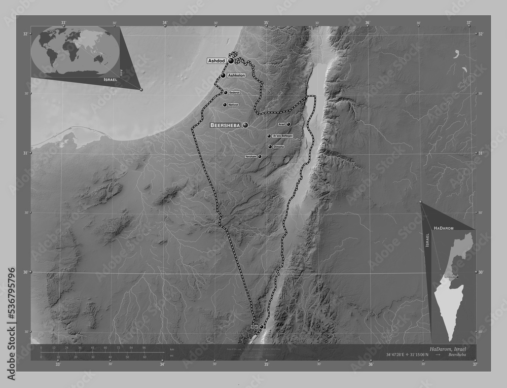 HaDarom, Israel. Grayscale. Labelled points of cities Stock ...
