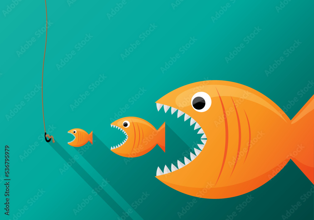 Big fish eat small fish. Feeding cycle. Business concept. Vector ...
