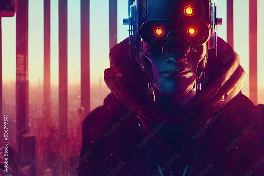 A cyberpunk robot with glowing red eyes in a metropolis. Neon and ...